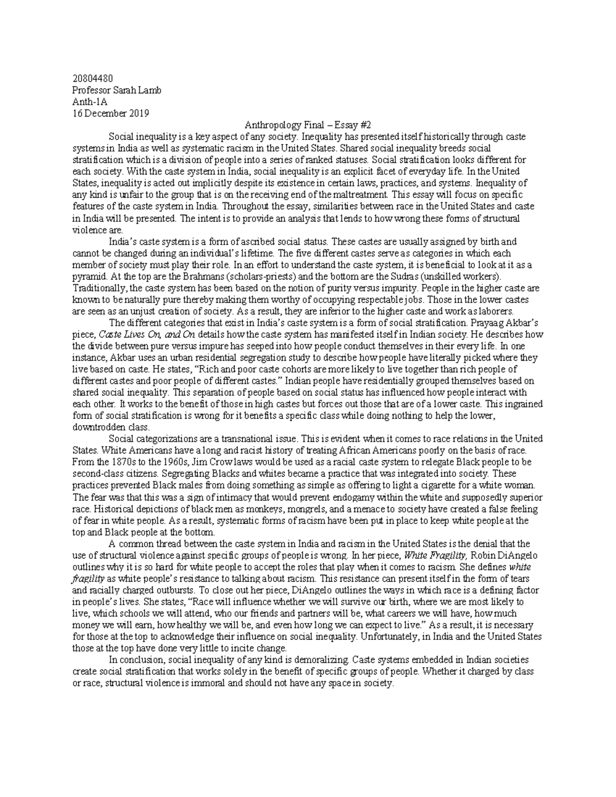 Anth 1A Final - let me help - Professor Sarah Lamb Anth-1A 16 December 2019 Anthropology Final ...