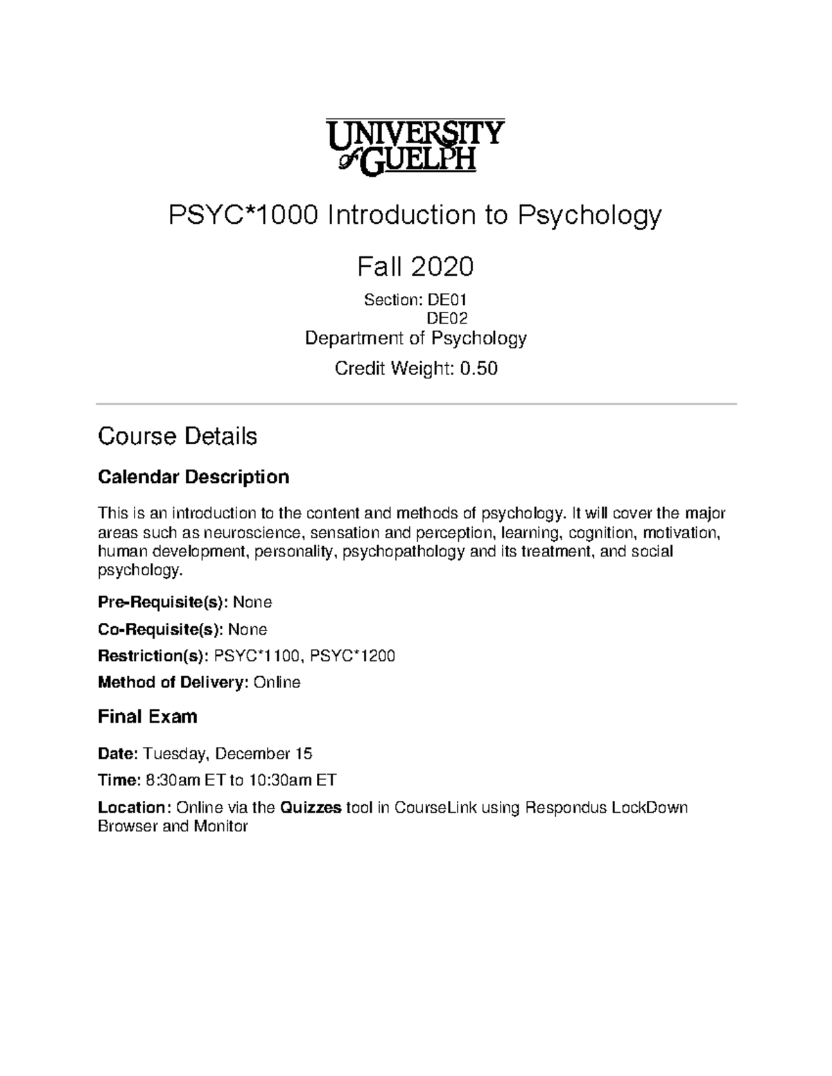 PSYC1000 Outline - ... - UNIVERSITY g/"GUELPH PSYC*1000 Introduction to ...