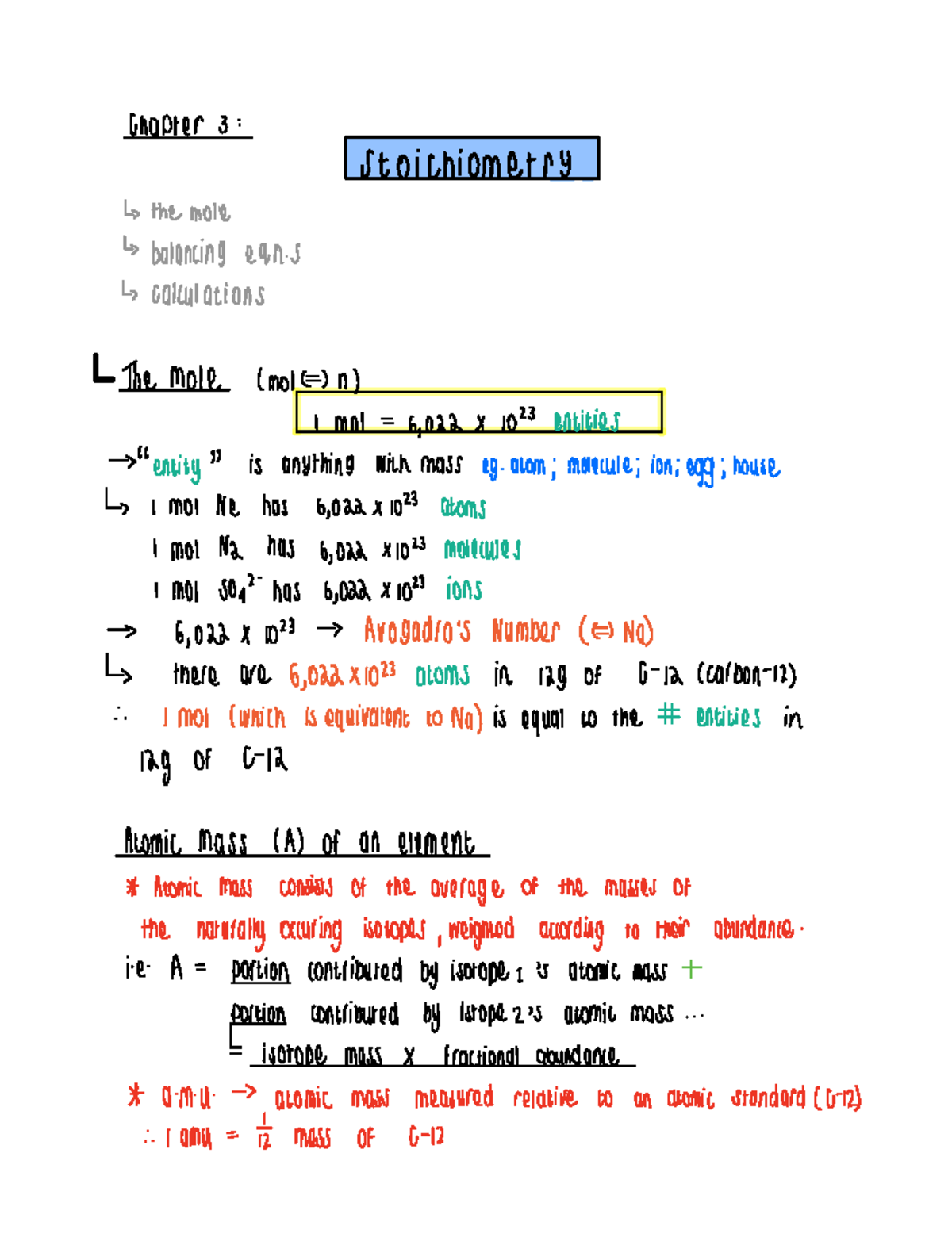 CHEM 123 stoichiometry-notes - Chapter 3 stoichiometry themole ...
