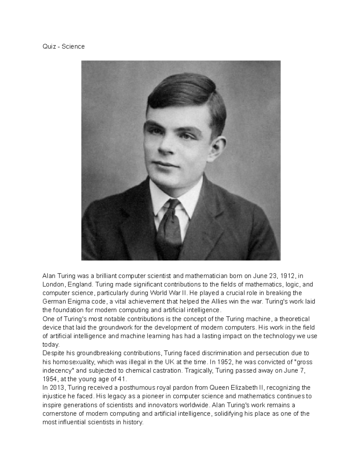 Sciact - khghgkkg - Quiz - Science Alan Turing was a brilliant computer ...