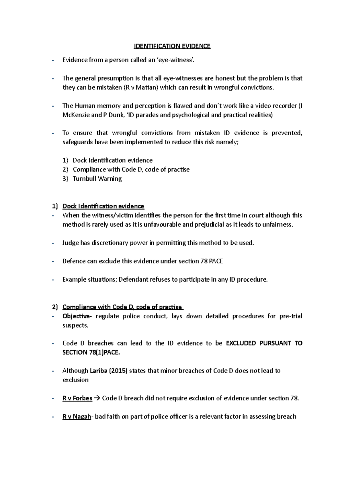 Notes for identification evidence - IDENTIFICATION EVIDENCE - Evidence ...