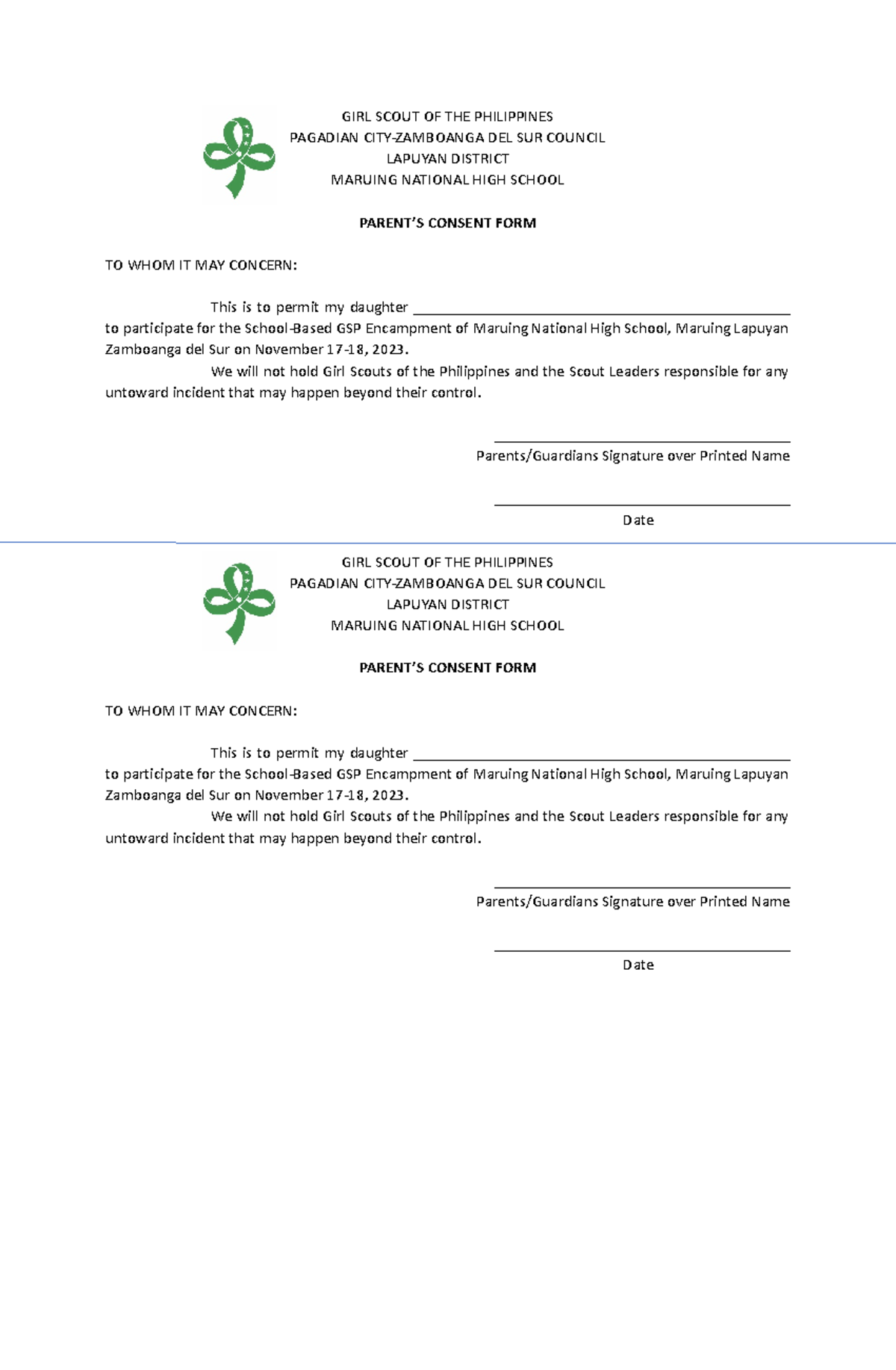 Parents consent - GIRL SCOUT OF THE PHILIPPINES PAGADIAN CITY-ZAMBOANGA ...