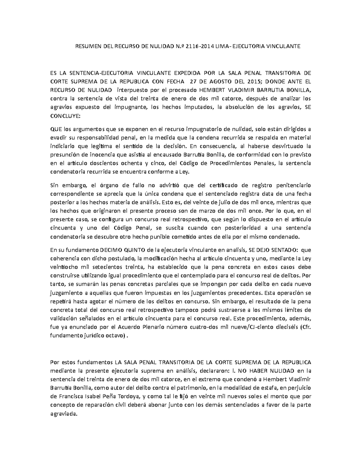 Resumen DEL Recurso DE Nulidad Vinculante-QUE Aplica EL Concurso REAL ...