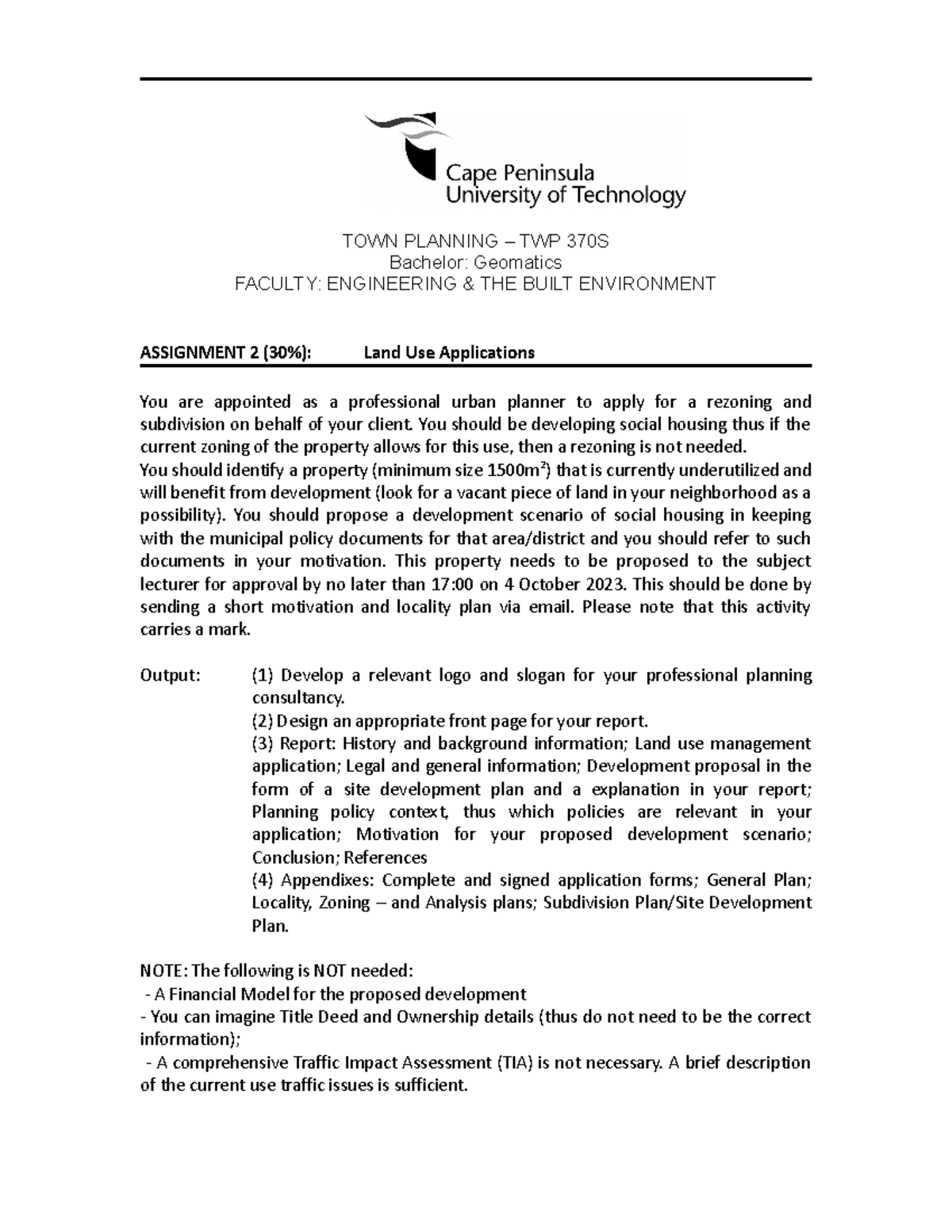 Assingment 2 - Land rezoning Application Assignment - TOWN PLANNING – TWP 370S Bachelor ...