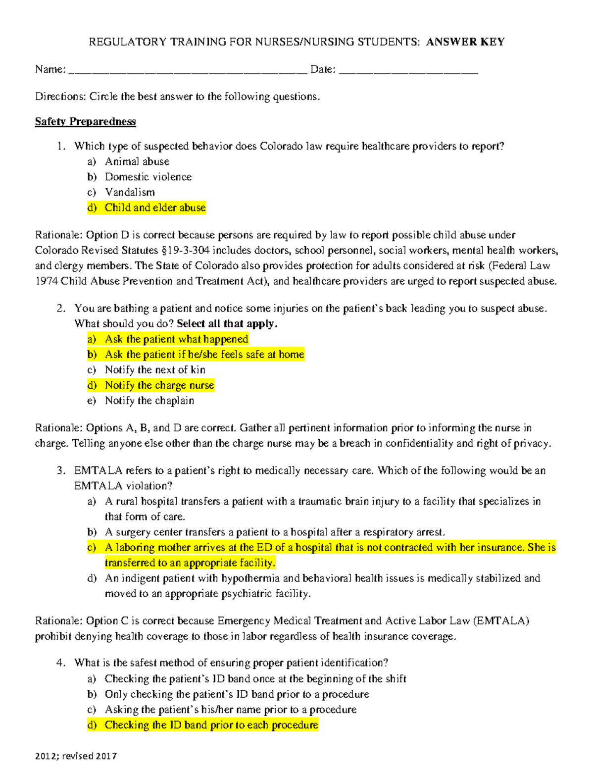 Regulatory training answers 2017 - REGULATORY TRAINING FOR NURSES ...