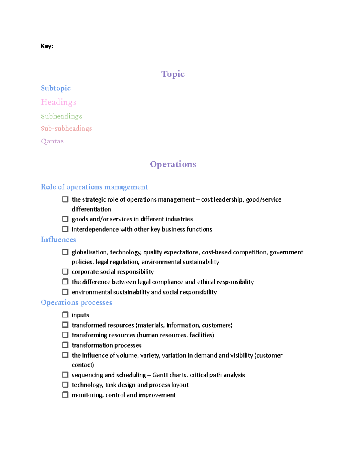 Year 12 Business Studies - Operations - Key: Topic Subtopic Headings ...
