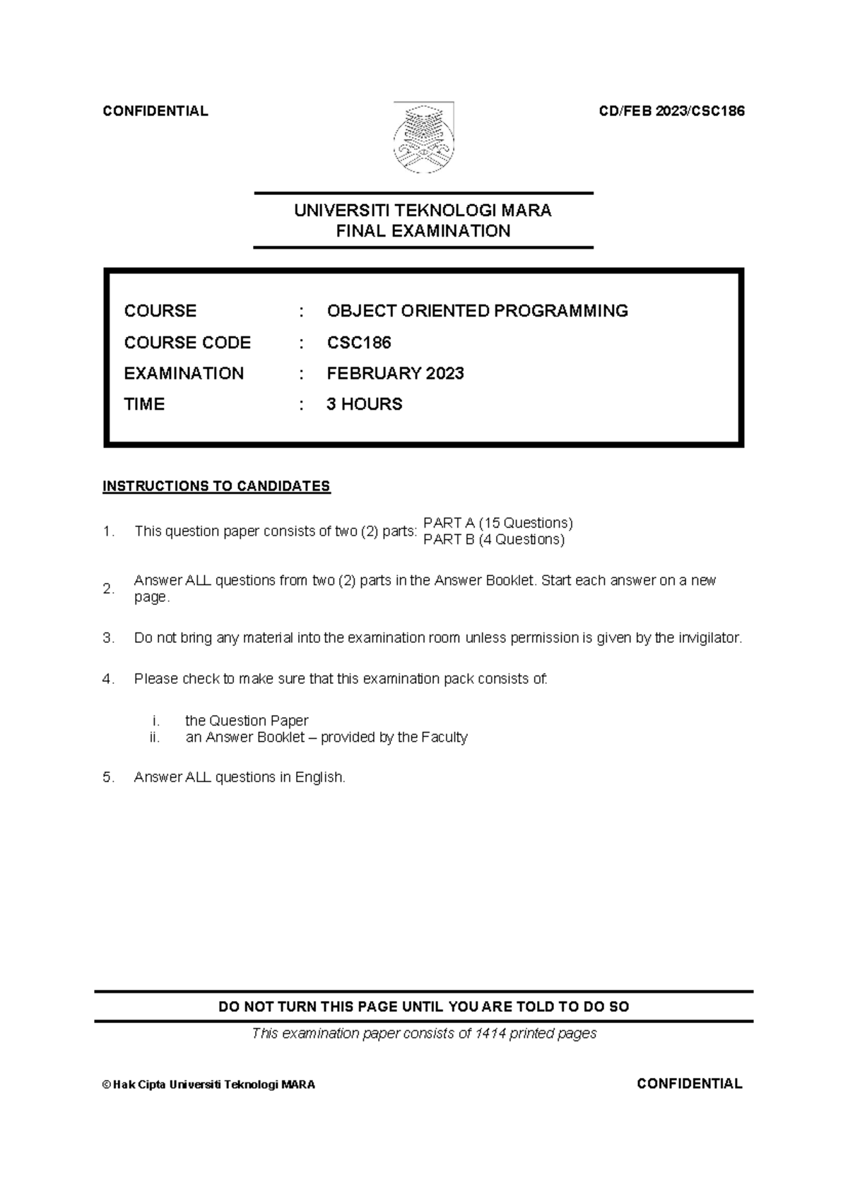CSC186 Final Feb2023 Answer Objective - UNIVERSITI TEKNOLOGI MARA FINAL ...