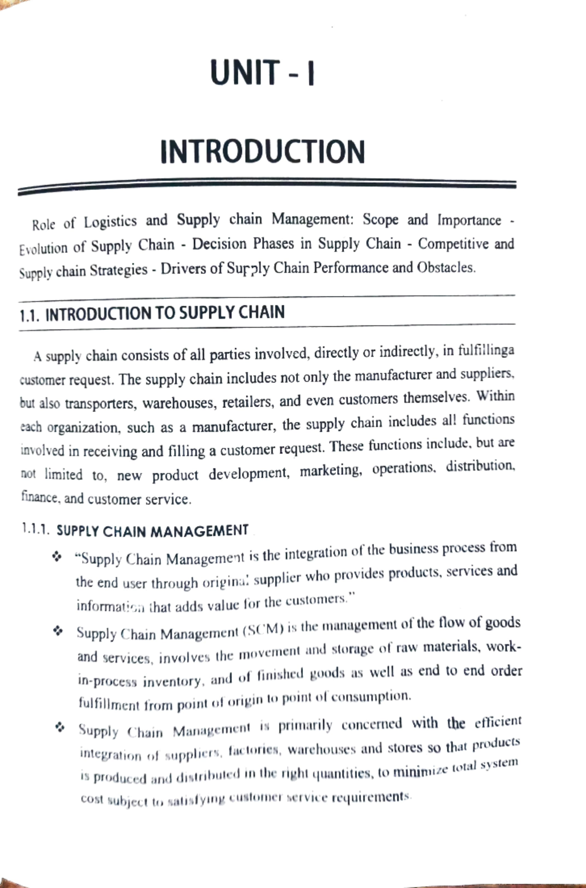 Unit 1 scm - Supply chain management unit 1 - UNIT - INTRODUCTION Role of Logistics and Supply ...
