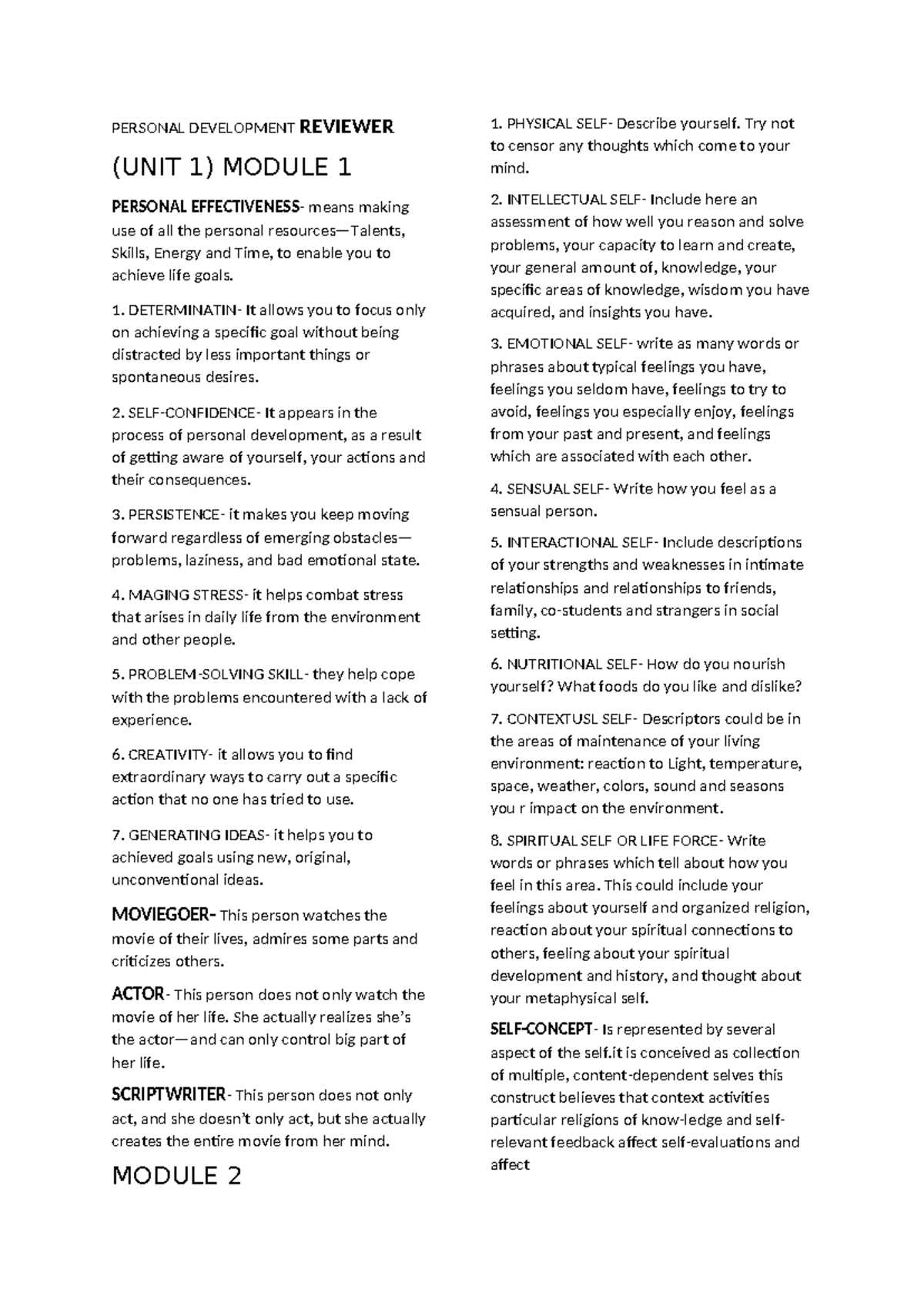 Perdev- Reviewer - PERSONAL DEVELOPMENT REVIEWER (UNIT 1) MODULE 1 PERSONAL EFFECTIVENESS- means ...