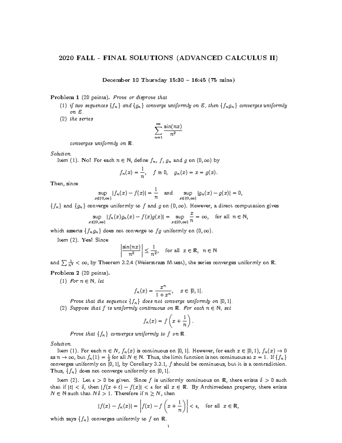 시험 12월 2020, 질문 및 답변 - 2020 FALL - FINAL SOLUTIONS (ADVANCED CALCULUS ...