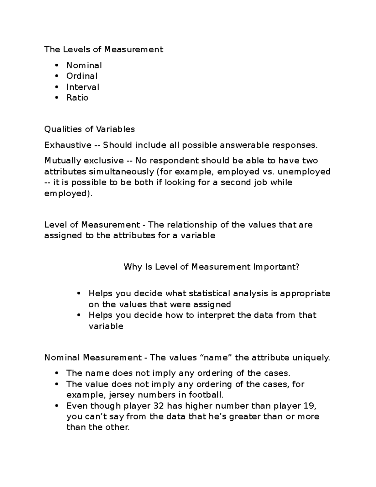 Lecture in statistics 2 - The Levels of Measurement Nominal Ordinal ...