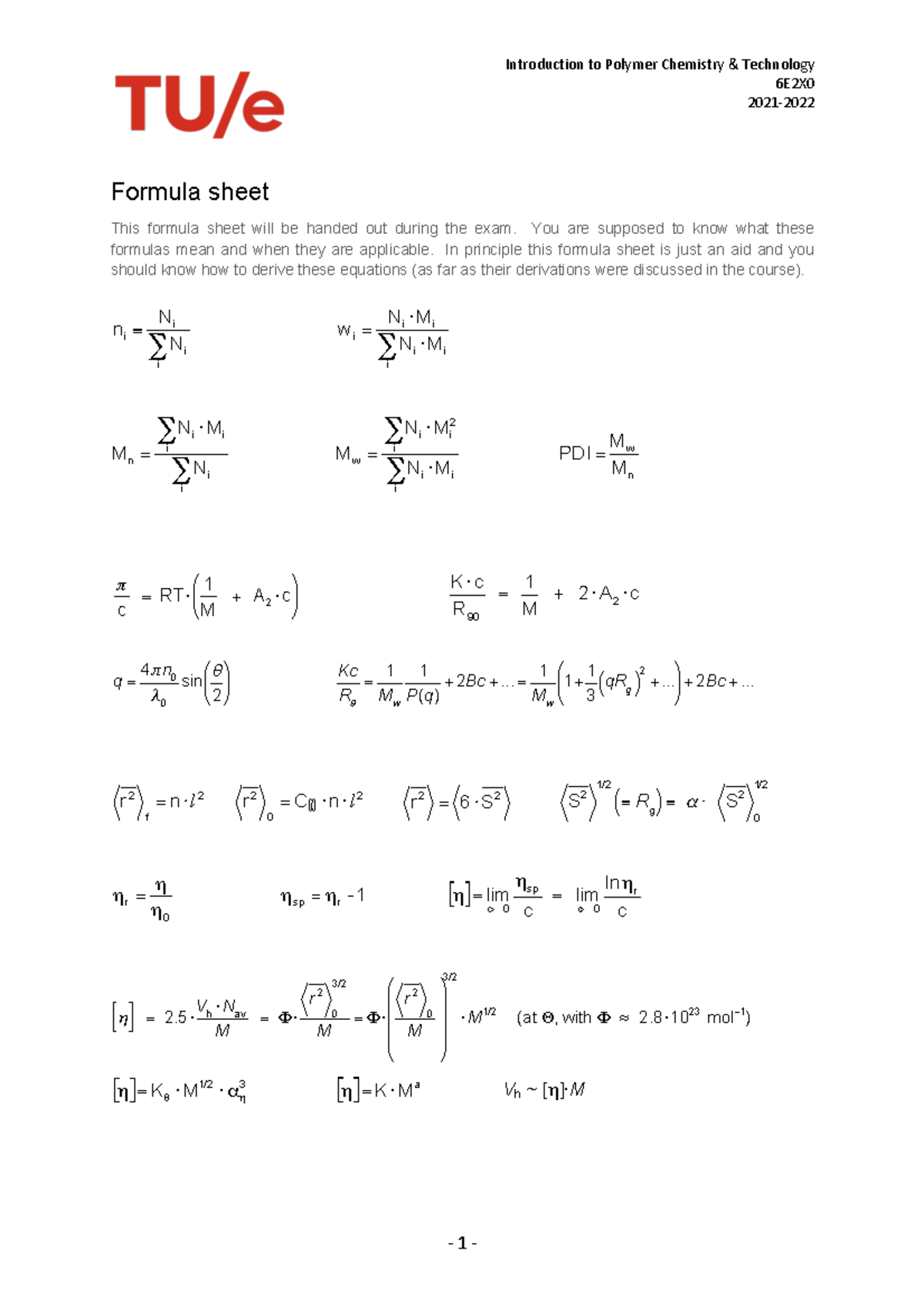 Formula sheet 6E2X0 version 2021-22 - Inleiding polymeerchemie en ...