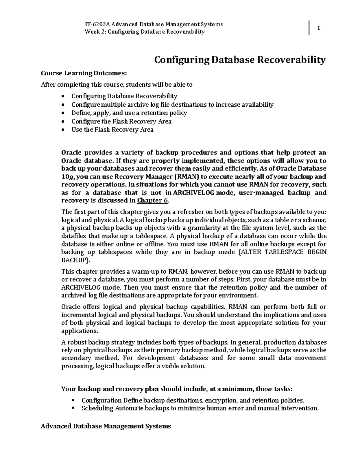 W2 Configuring Database Recoverability Module It 6203a Advanced Database Management Systems 