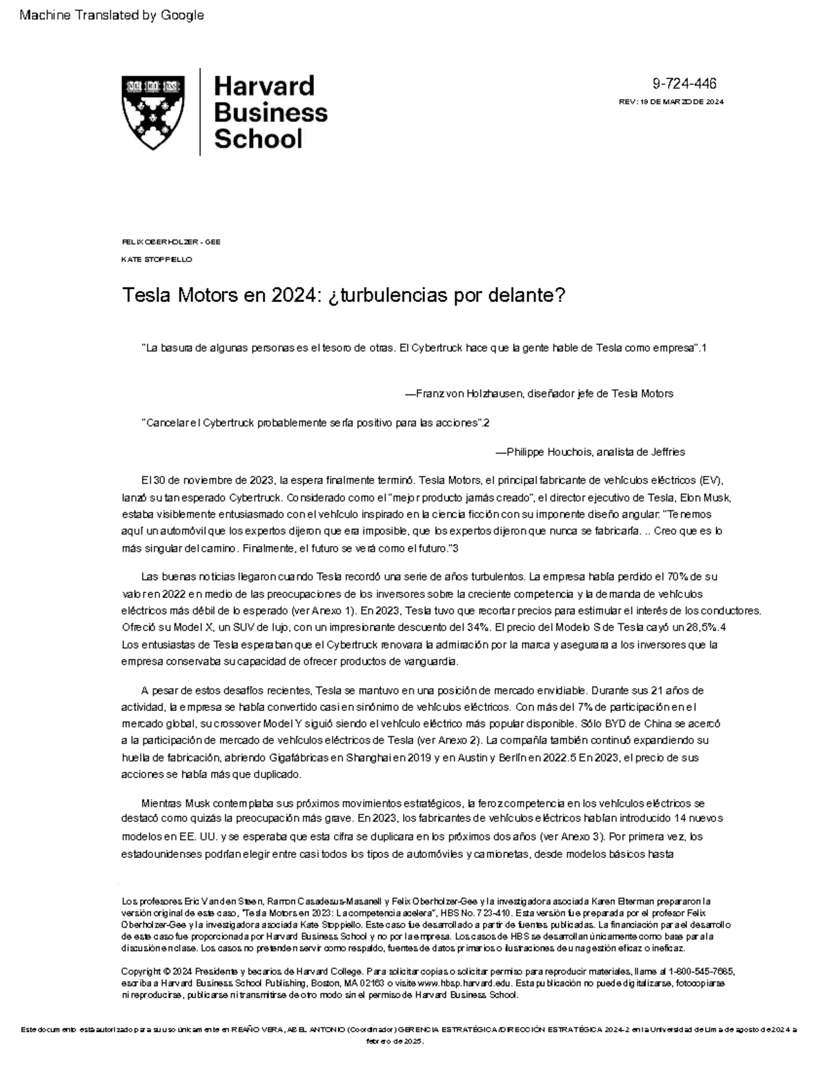 Harvard - Tesla Motors in 2024 - FELIX OBERHOLZER GEE REV: 19 DE MARZO ...
