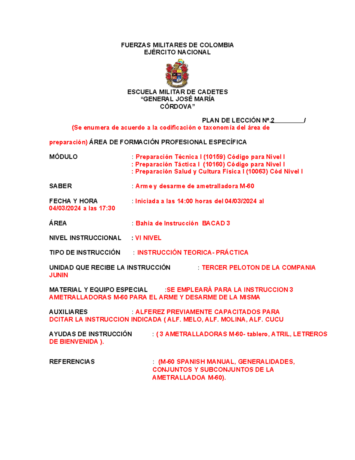 PLAN DE LeccióN GUÍA Corte 2 - FUERZAS MILITARES DE COLOMBIA EJÉRCITO NACIONAL ESCUELA MILITAR ...