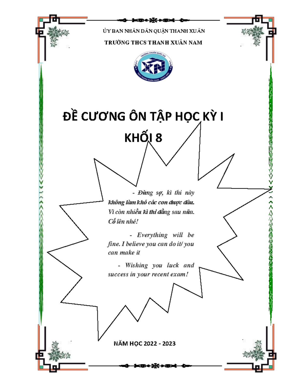 ĐỀ CƯƠNG ÔN TẬP HỌC KỲ I KHỐI 8 - ñY ban nh©n d©n quËn thanh xu©n Tr-êng THCS thanh xu©n nam ĐỀ ...