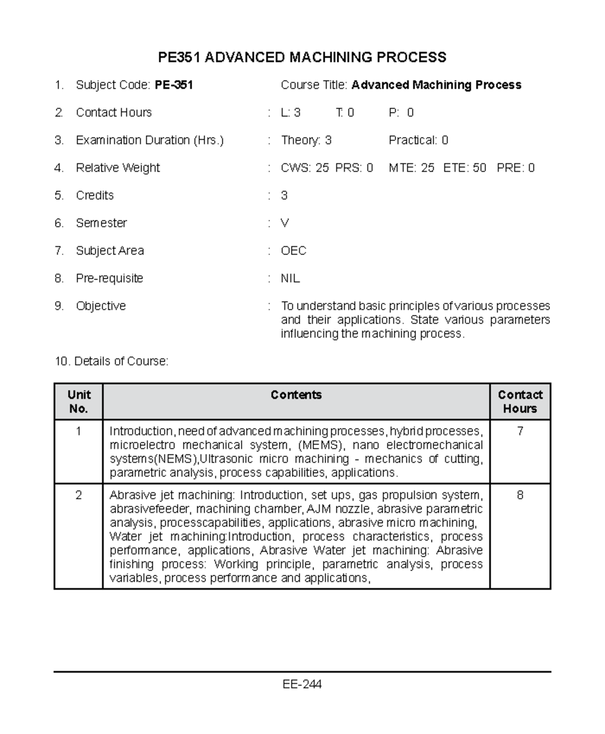 Electrical Engineering (EE) 06 - PE351 ADVANCED MACHINING PROCESS ...