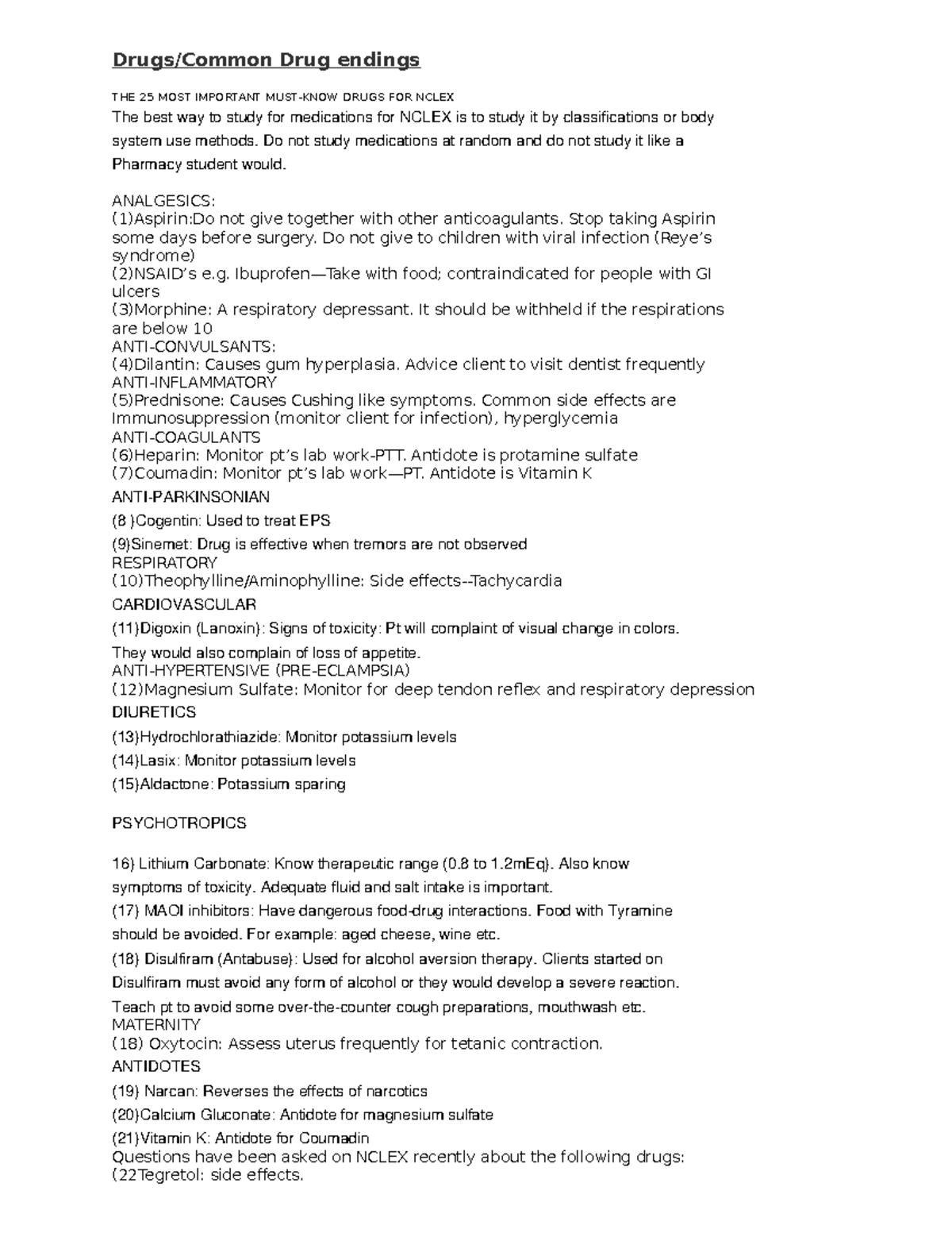 Pharmacology - pharm notes - Drugs/Common Drug endings THE 25 MOST ...