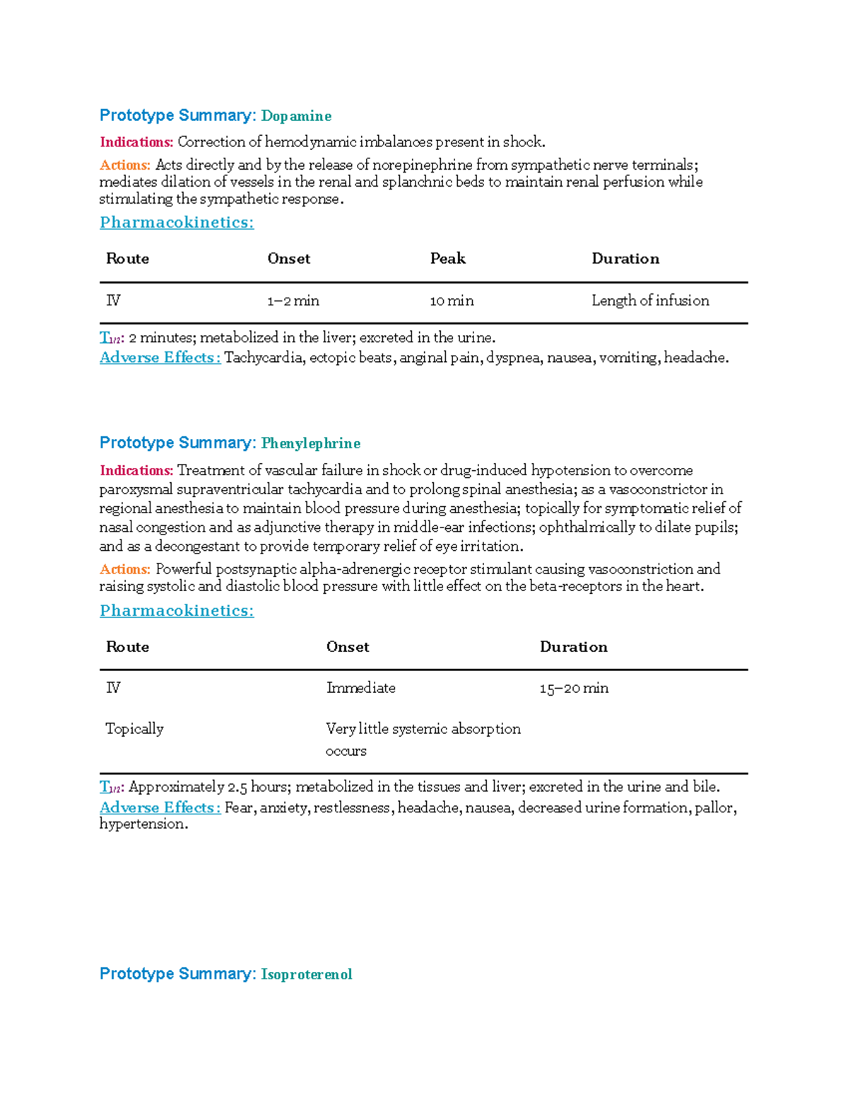 Prototype Drug - Prototype Summary: Dopamine Indications: Correction of ...