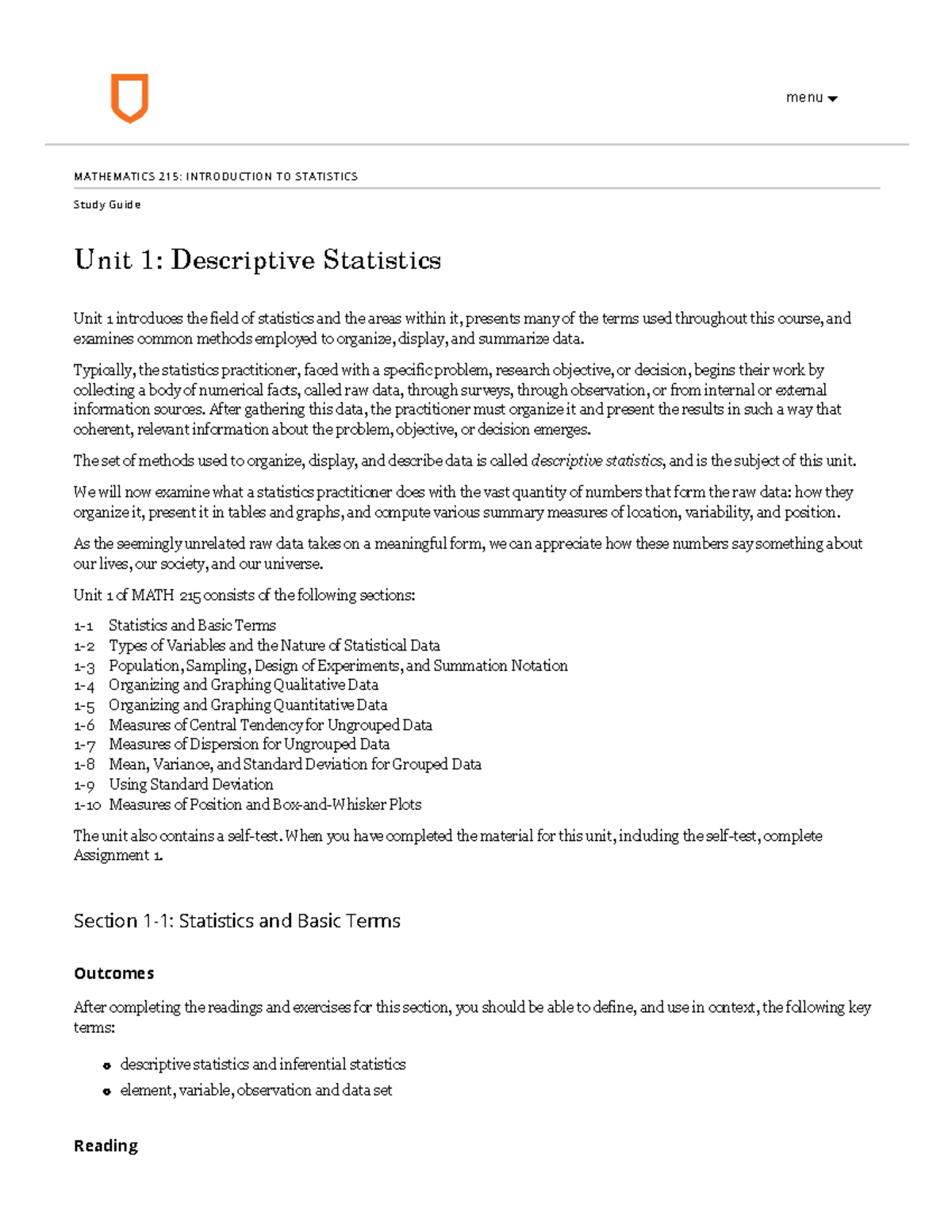 Unit 1-Study Guide - menu MATHEMATICS 215: INTRODUCTION TO STATISTICS ...