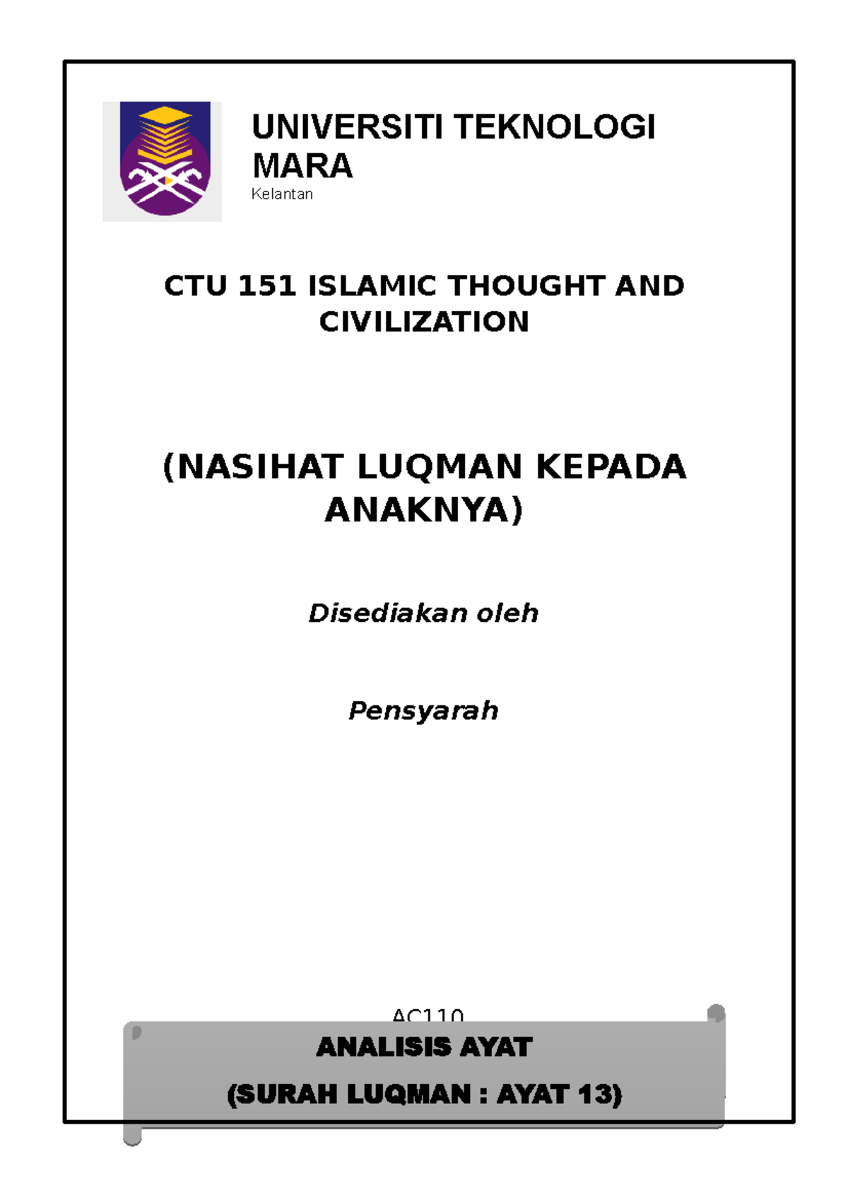 CTU151 analisis ayat - Accounting - UiTM - Studocu