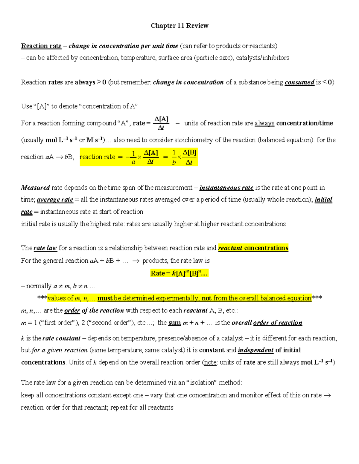 Chapter 12 Review - Very helpful - Chapter 11 Review Reaction rate ...