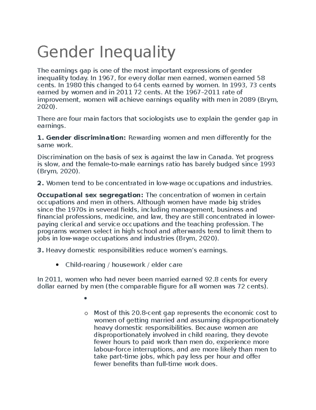 Gender Inequality - chapter 8 notes - Gender Inequality The earnings ...