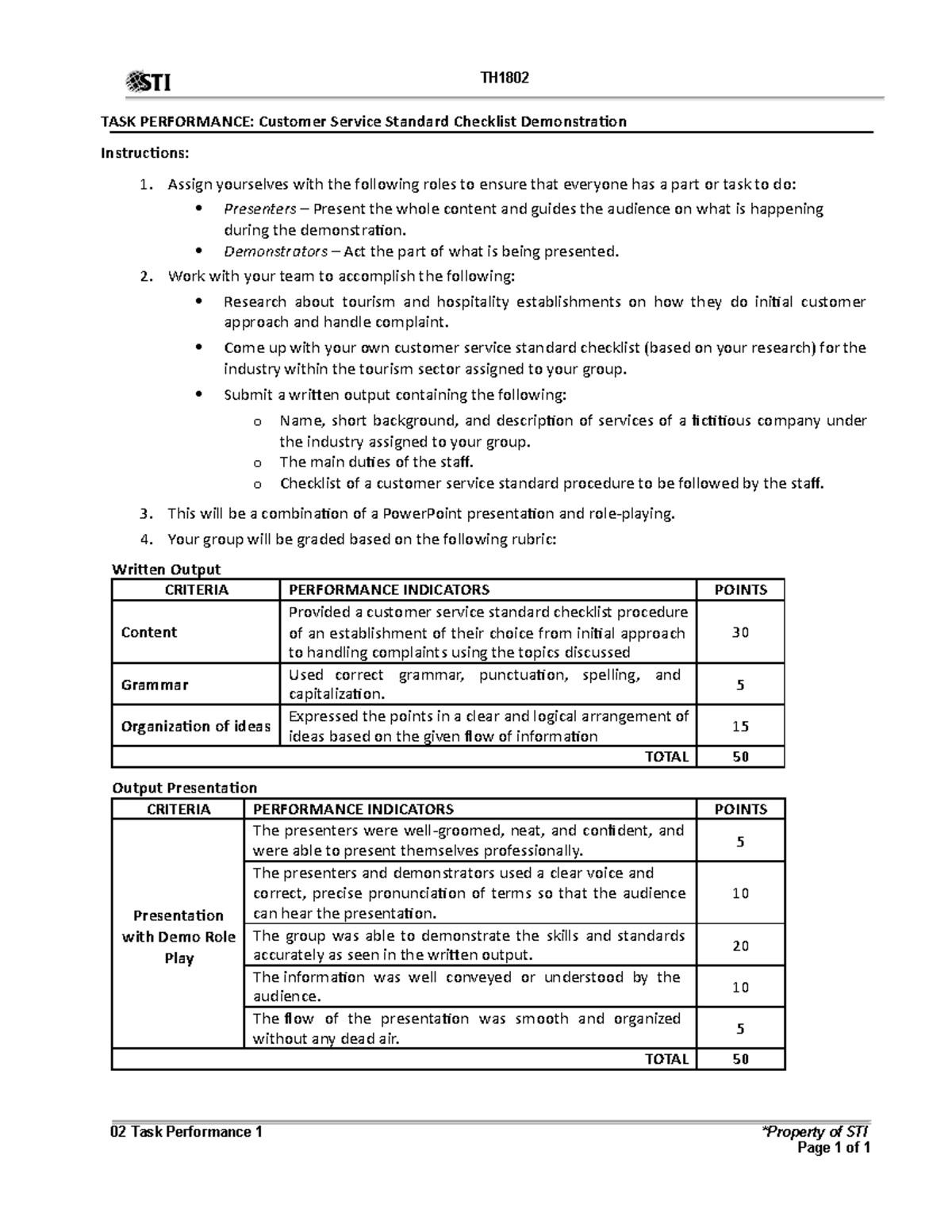 02 Task Performance 1 - TH TASK PERFORMANCE: Customer Service Standard ...