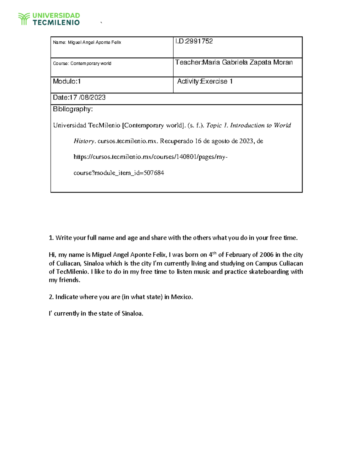 Exercise 1 Contemporary - ` Write your full name and age and share with ...