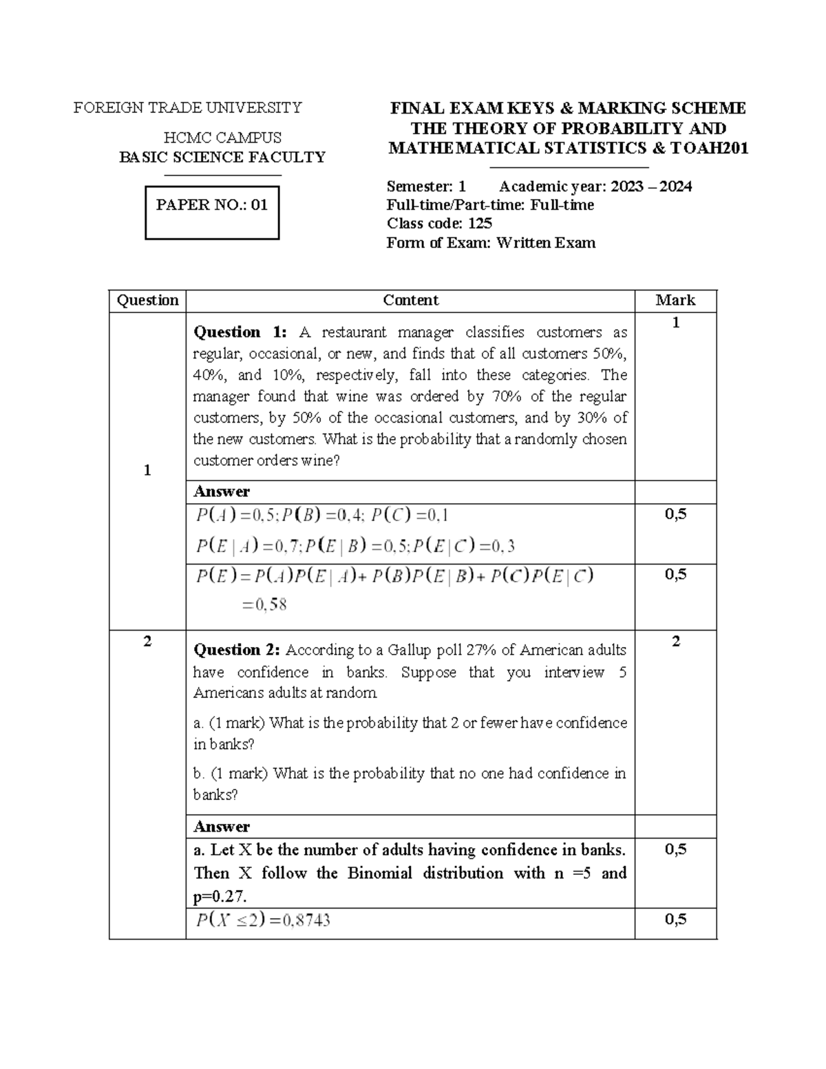 Solution Final Exam Probability And Statistics 01 02 Foreign Trade