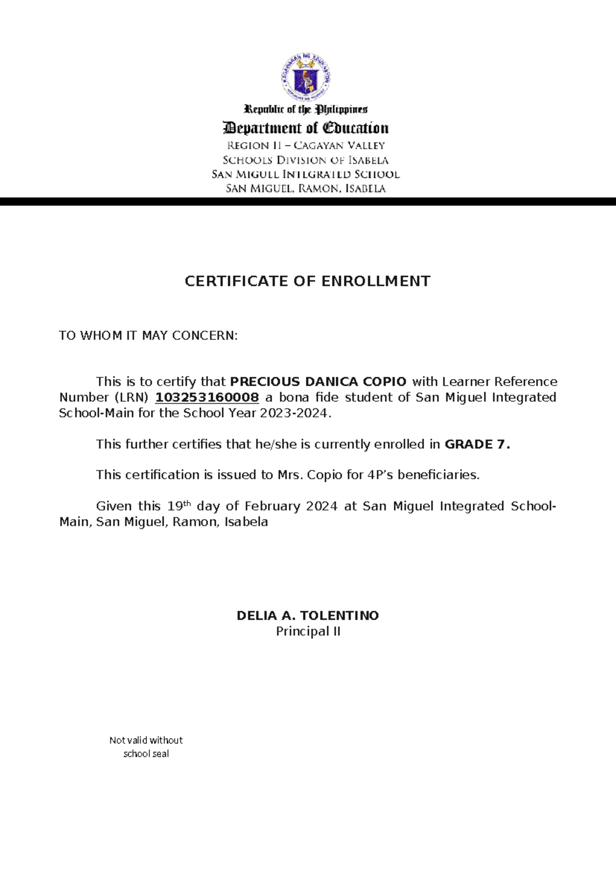 Certificate-of-Enrollment - TO WHOM IT MAY CONCERN: This is to certify ...