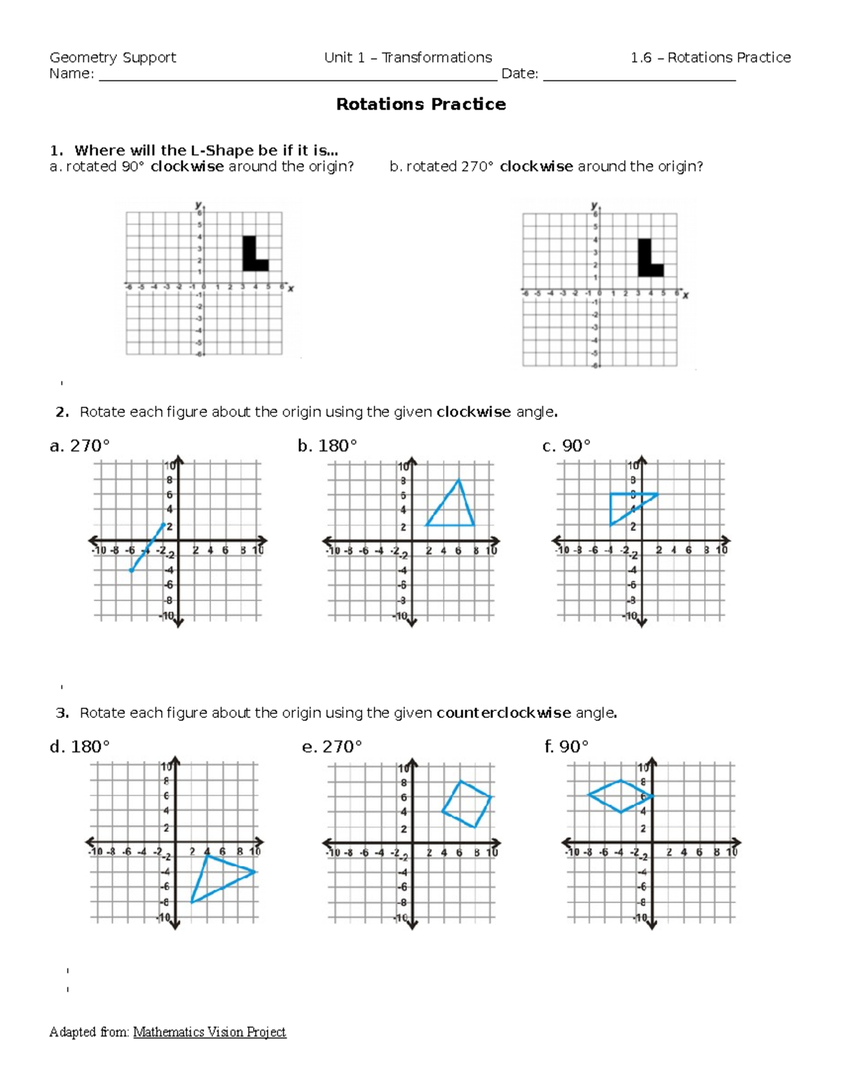 Rotations Practice - Geometry Support Unit 1 – Transformations 1 ...