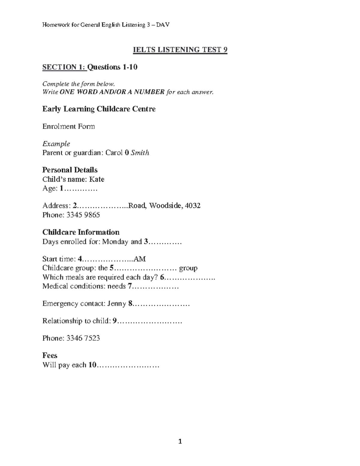 Ielts Listening Test 9 Ielts Listening Test 9 Section 1 Questions 1