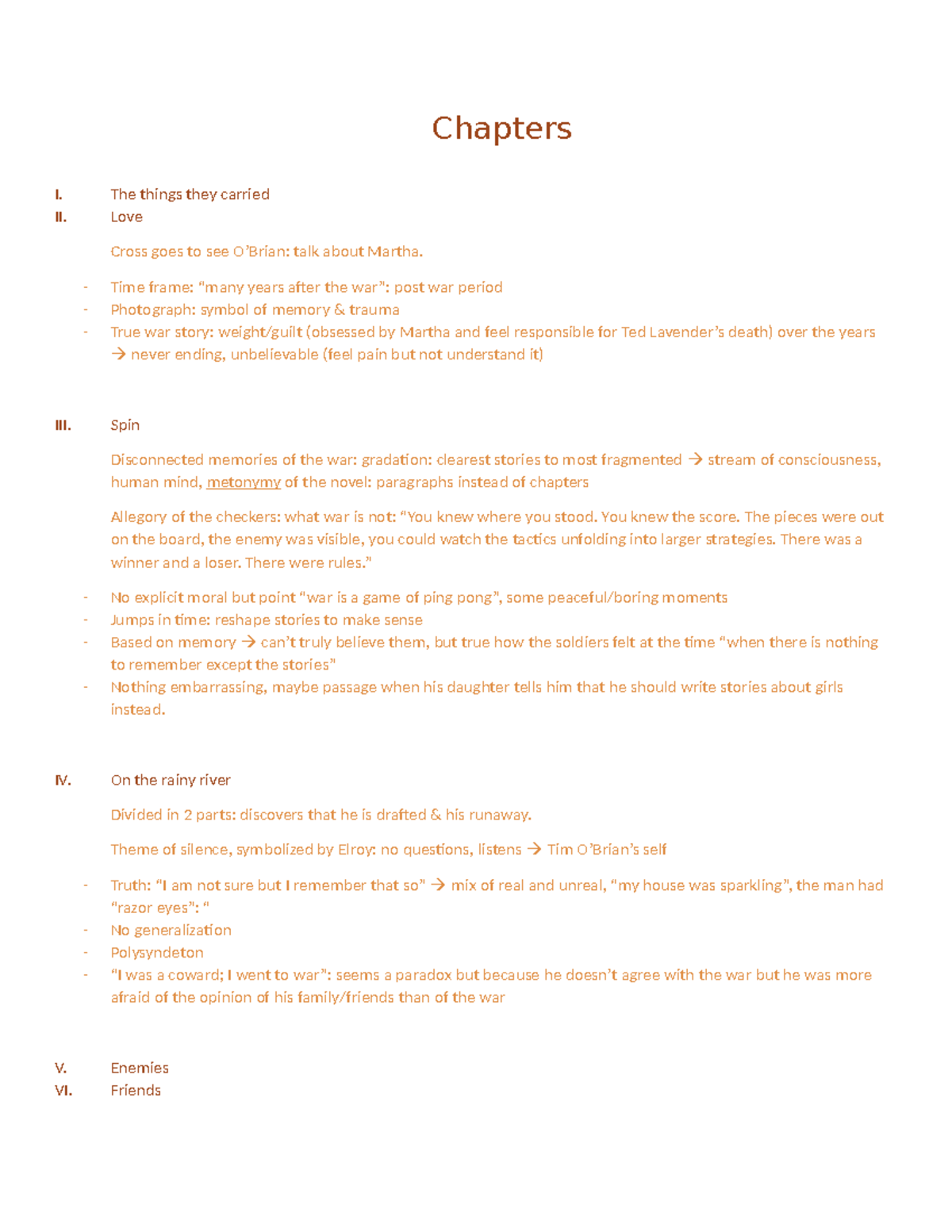 TTTC - Chapter overviews - Chapters I. The things they carried II. Love ...