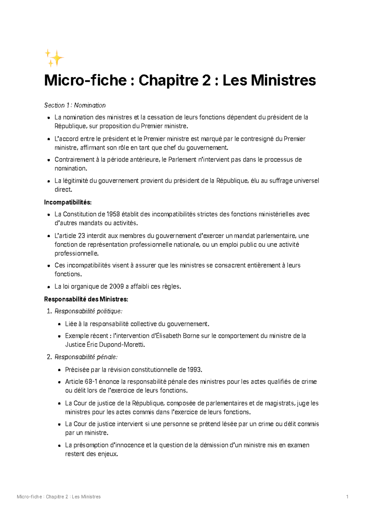 Micro-fiche Ve République - Chapitre 2 : Les Ministres - Micro-fiche ...