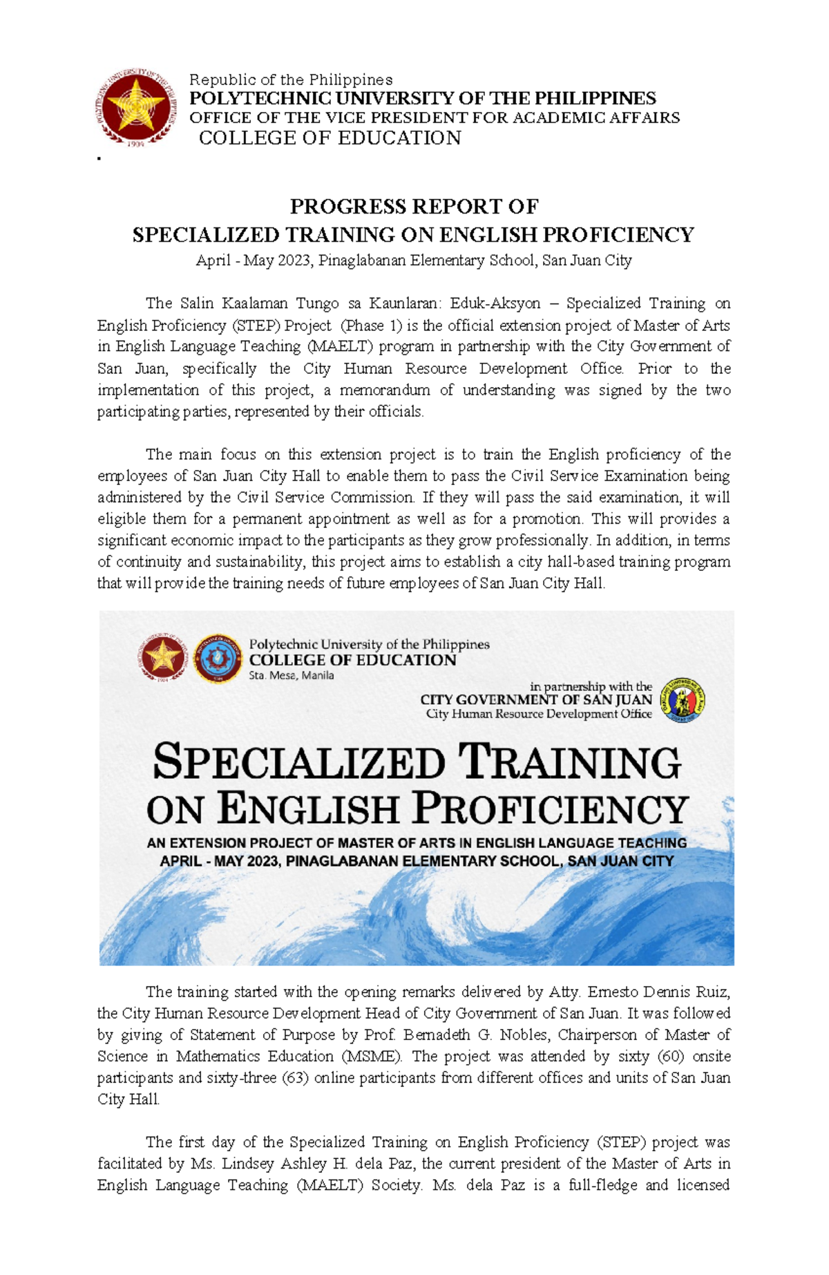 1. Sample Progress Report - Republic of the Philippines POLYTECHNIC ...