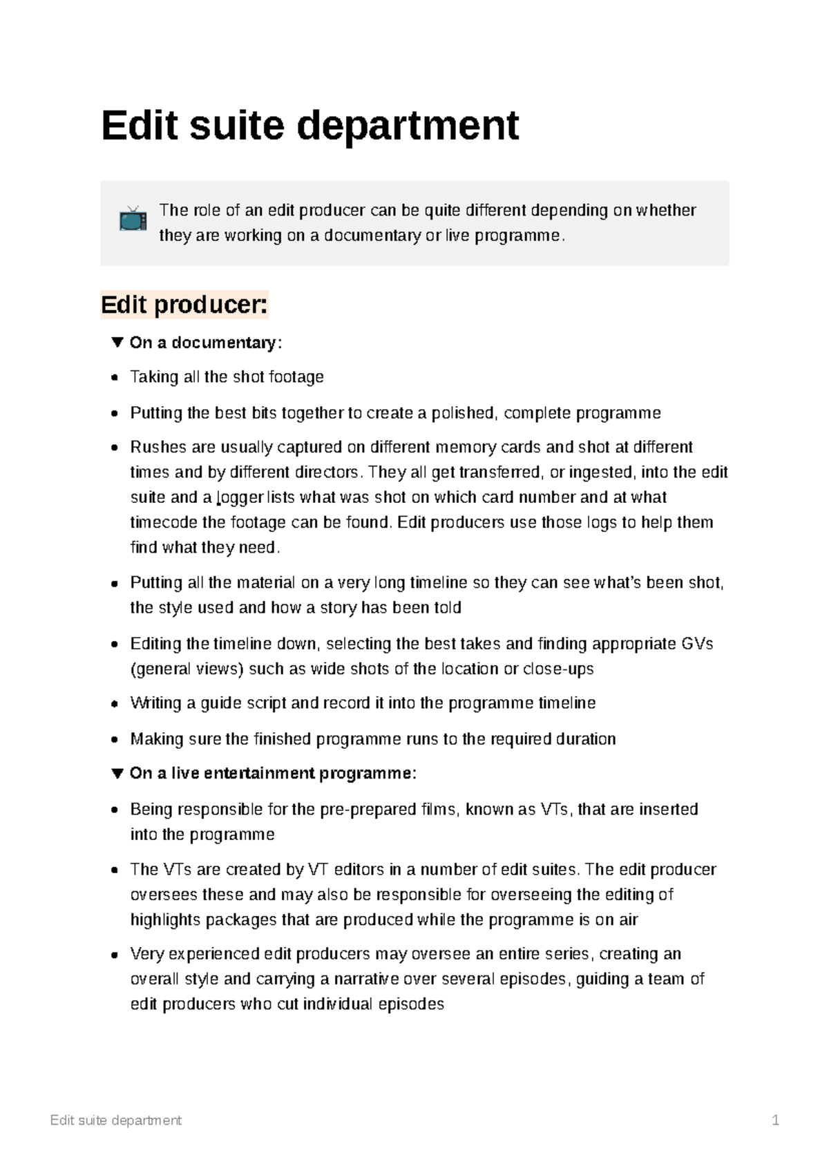 Edit suite department - Role and responsibilities of the Edit producer ...