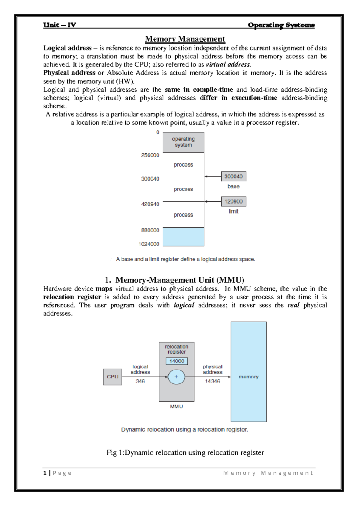 OS Unit 3 Notes - Memory Management Logical address – is reference to ...