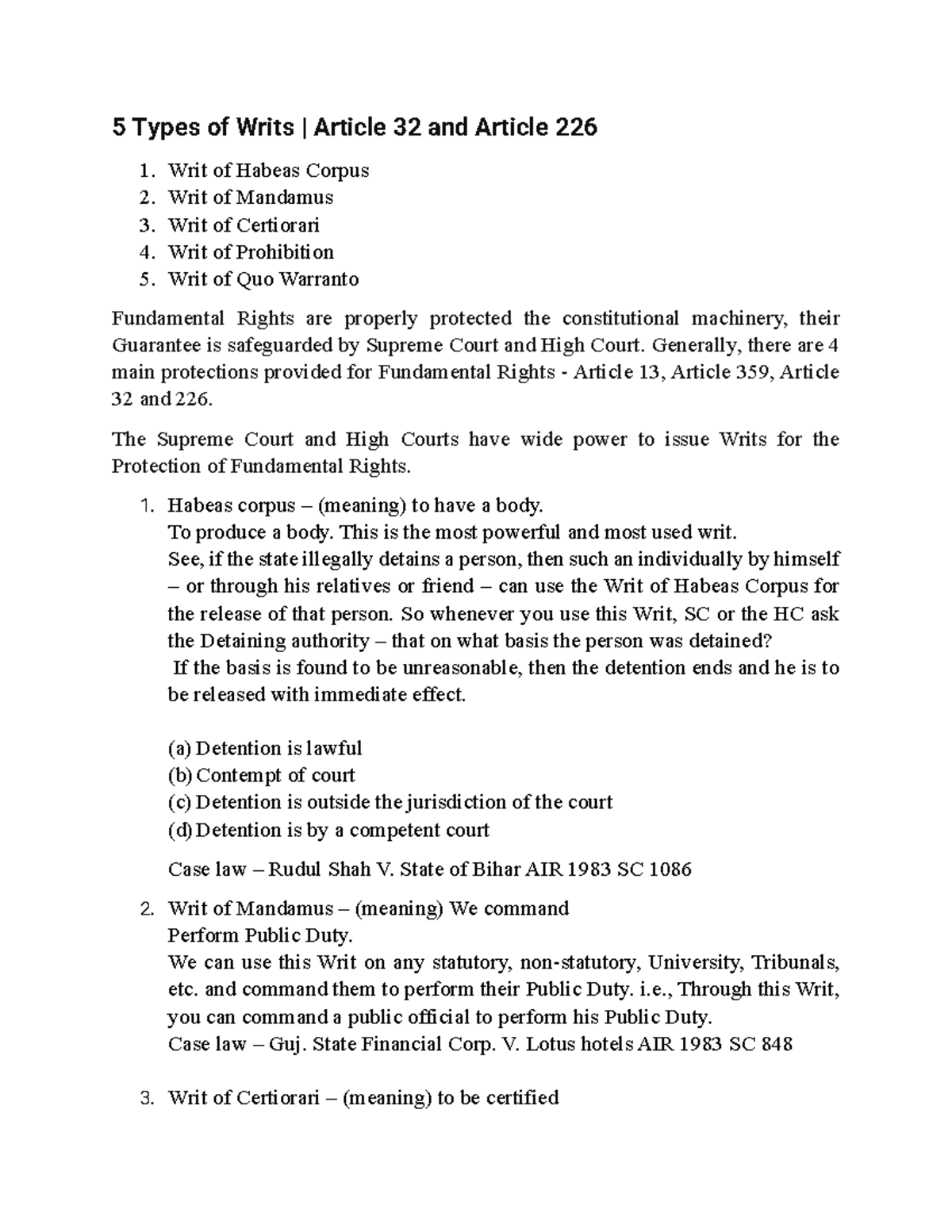 5 types of Writ - notes - 5 Types of Writs | Article 32 and Article 226 ...