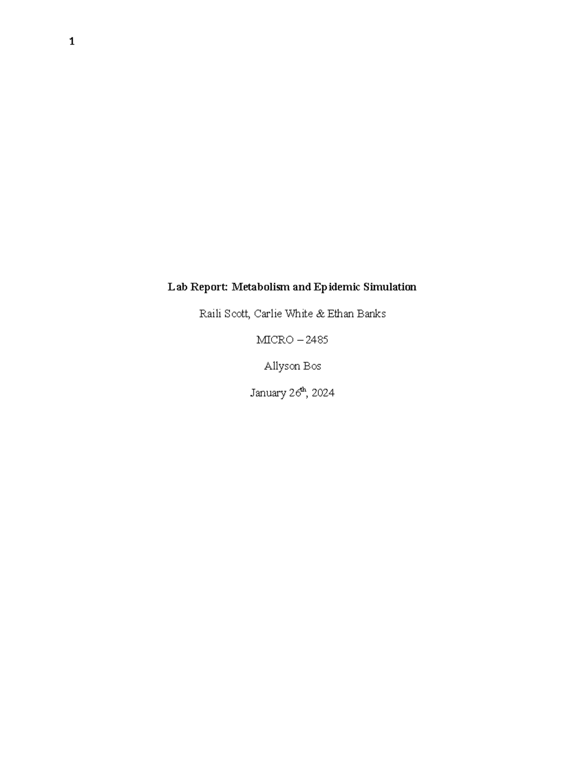Lab report - metabolism - Lab Report: Metabolism and Epidemic Simulation Raili Scott, Carlie ...
