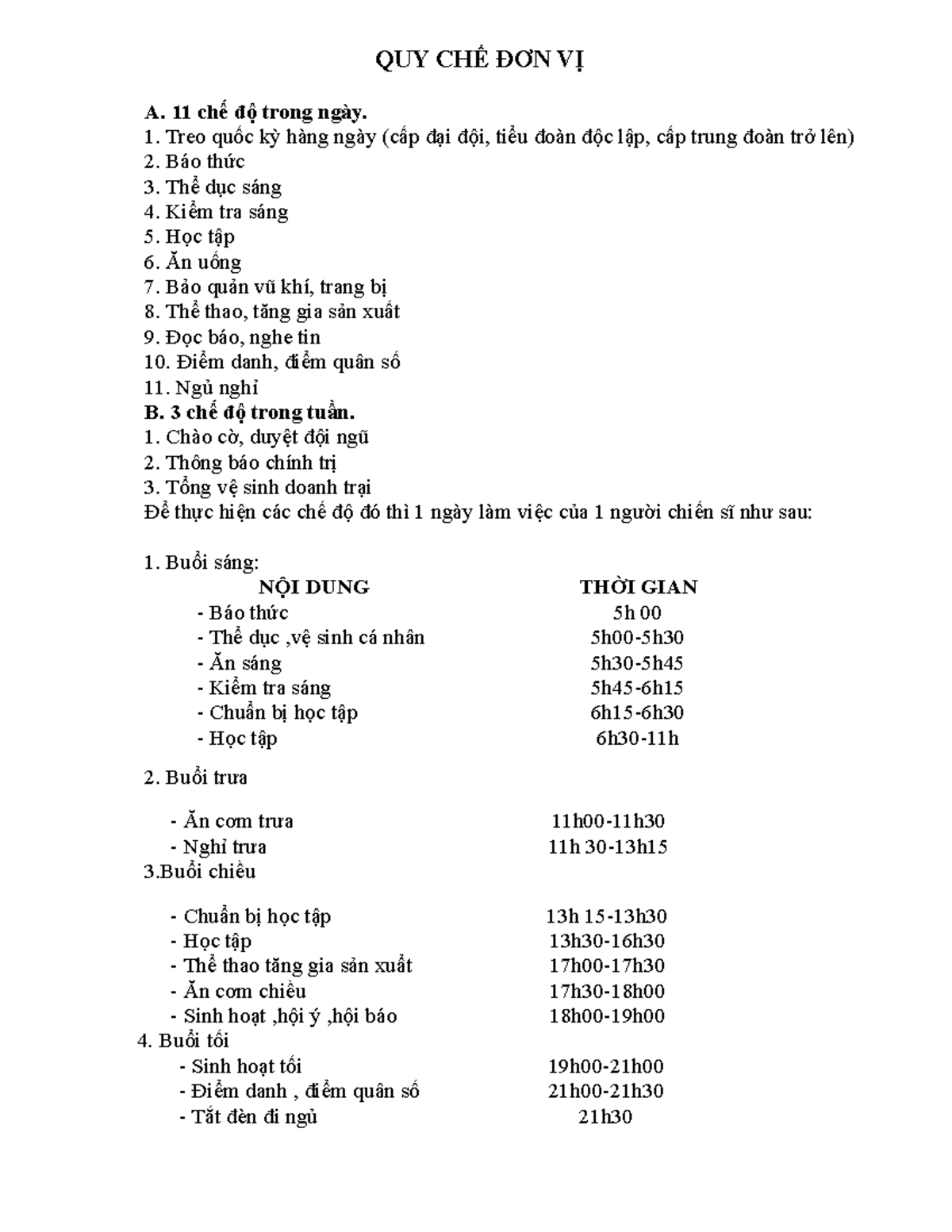 3 - Hbjk - QUY CHẾ ĐƠN VỊ A. 11 chế độ trong ngày. Treo quốc kỳ hàng ...