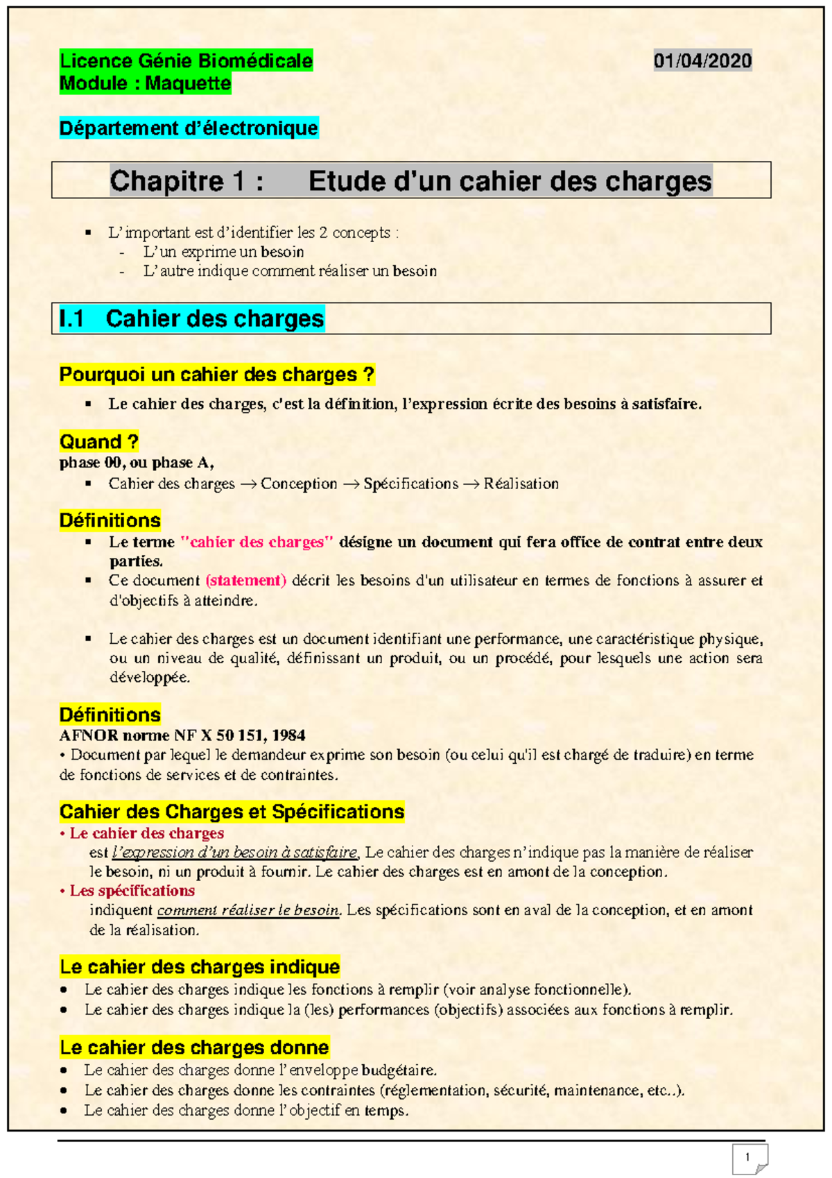 Chap1 cahier des charges - Chapitre 1 : Etude d'un cahier des charges I Cahier des charges ...