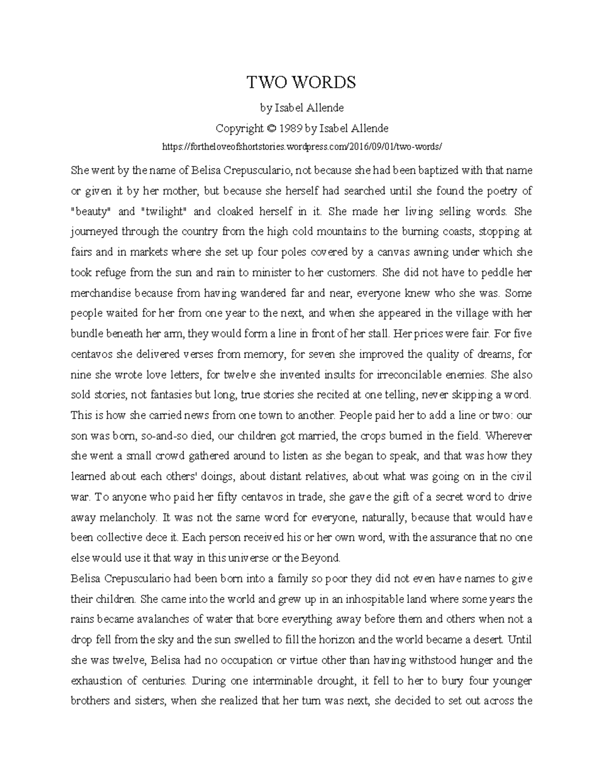 Two-words - info - TWO WORDS by Isabel Allende Copyright © 1989 by ...