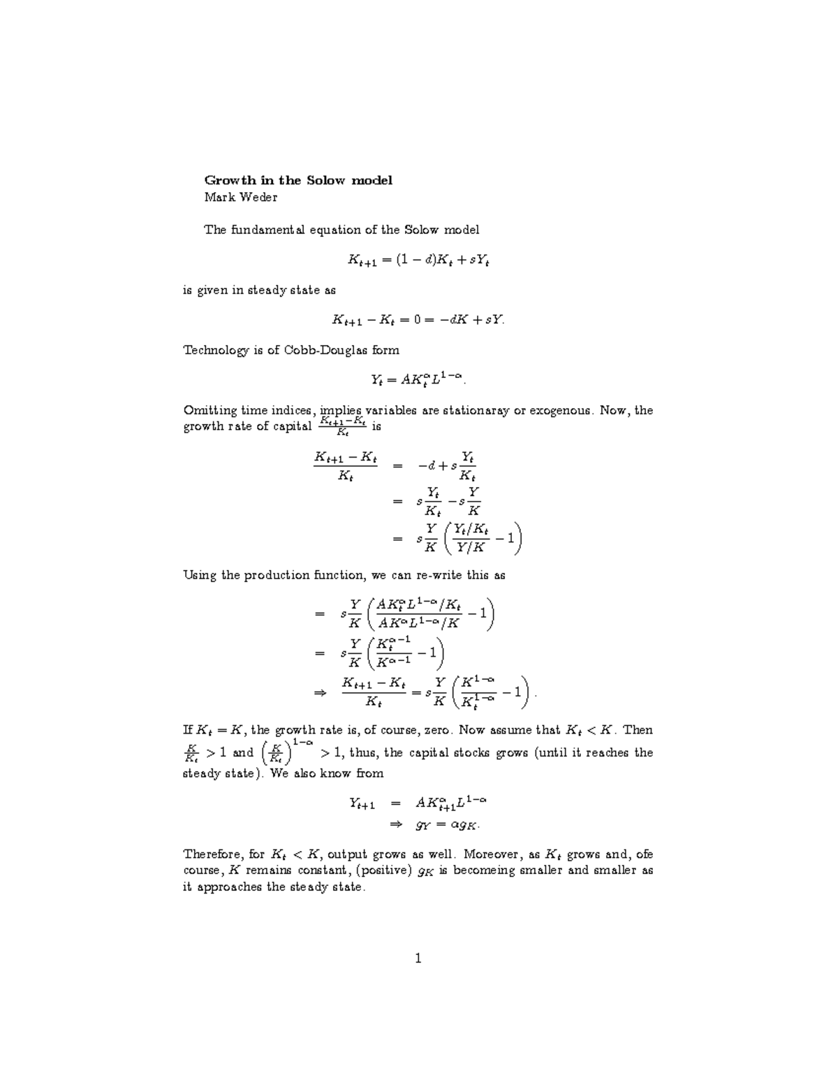Growth in solow notes - Growth in the Solow model Mark Weder The ...