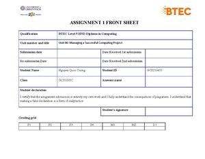 1625 Asm1 - ... - ASSIGNMENT 1 BRIEF Qualification BTEC Level 5 HND Diploma in Computing Unit ...