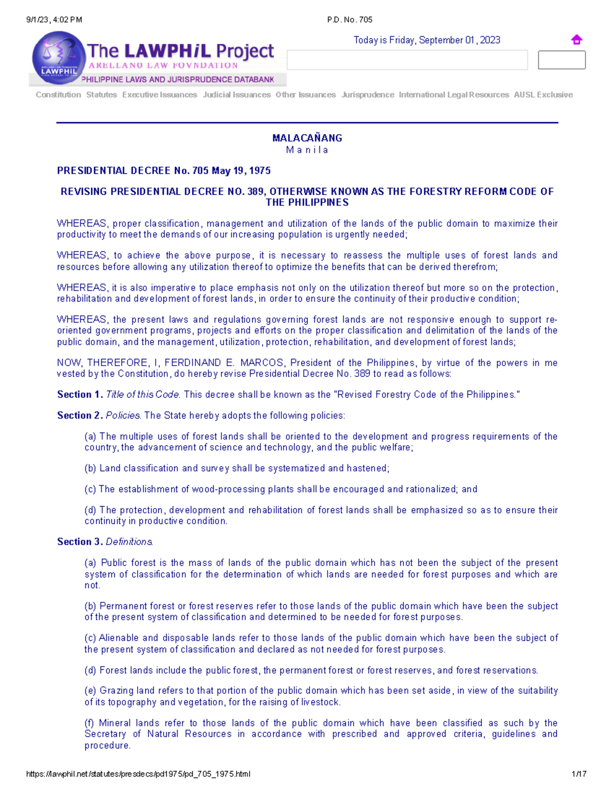P.D. No. 705 - PD 705 - Constitution Statutes Executive Issuances ...