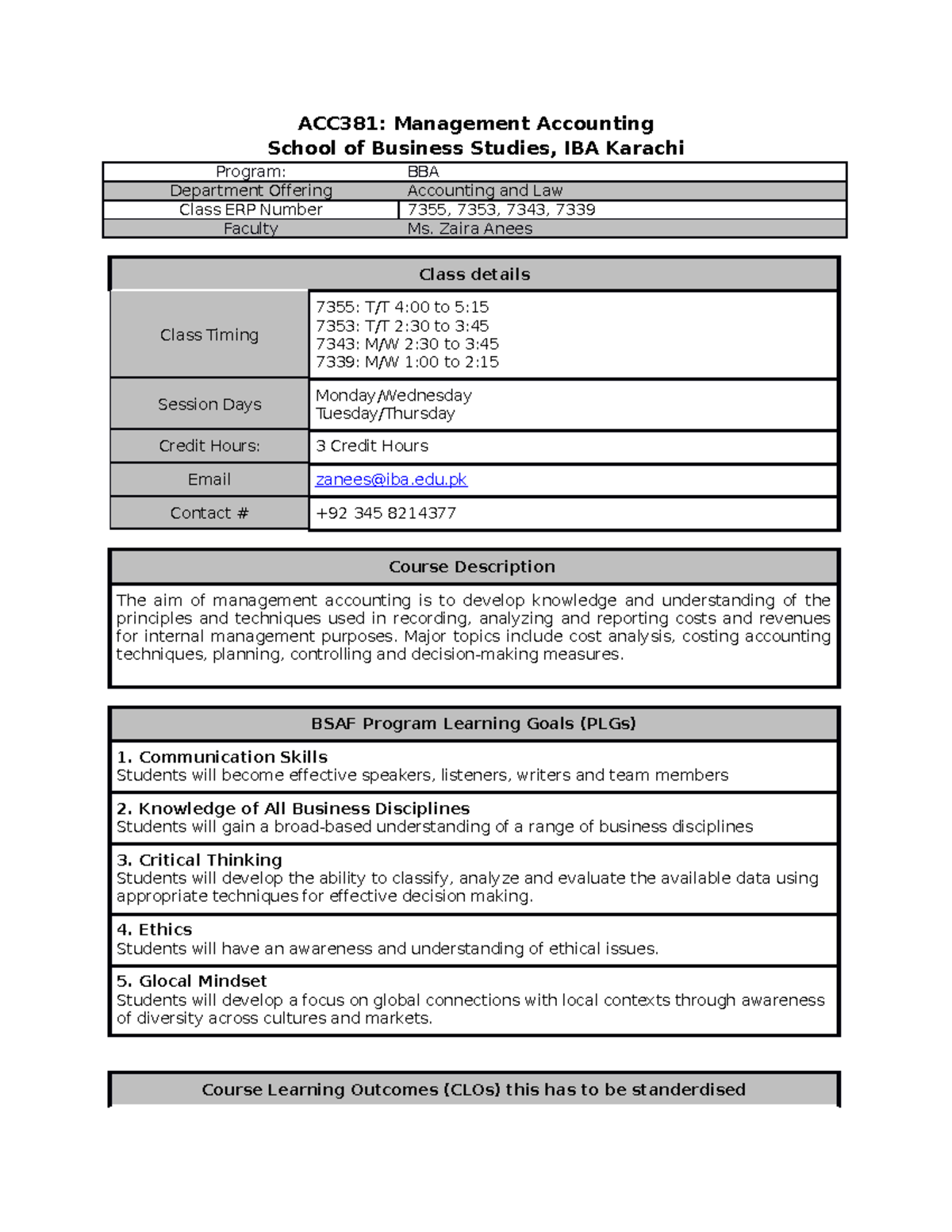 MA Course Outline-undergrad Fall 2023 - ACC381: Management Accounting ...