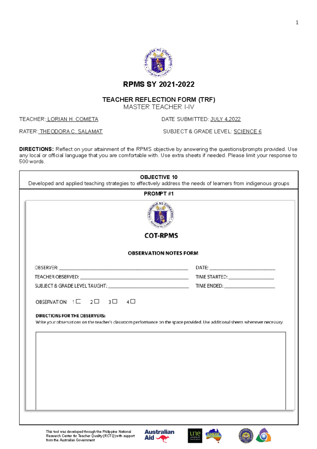 [Appendix 4B] Teacher Reflection Form for MT I-IV for RPMS SY 2021-2022 ...