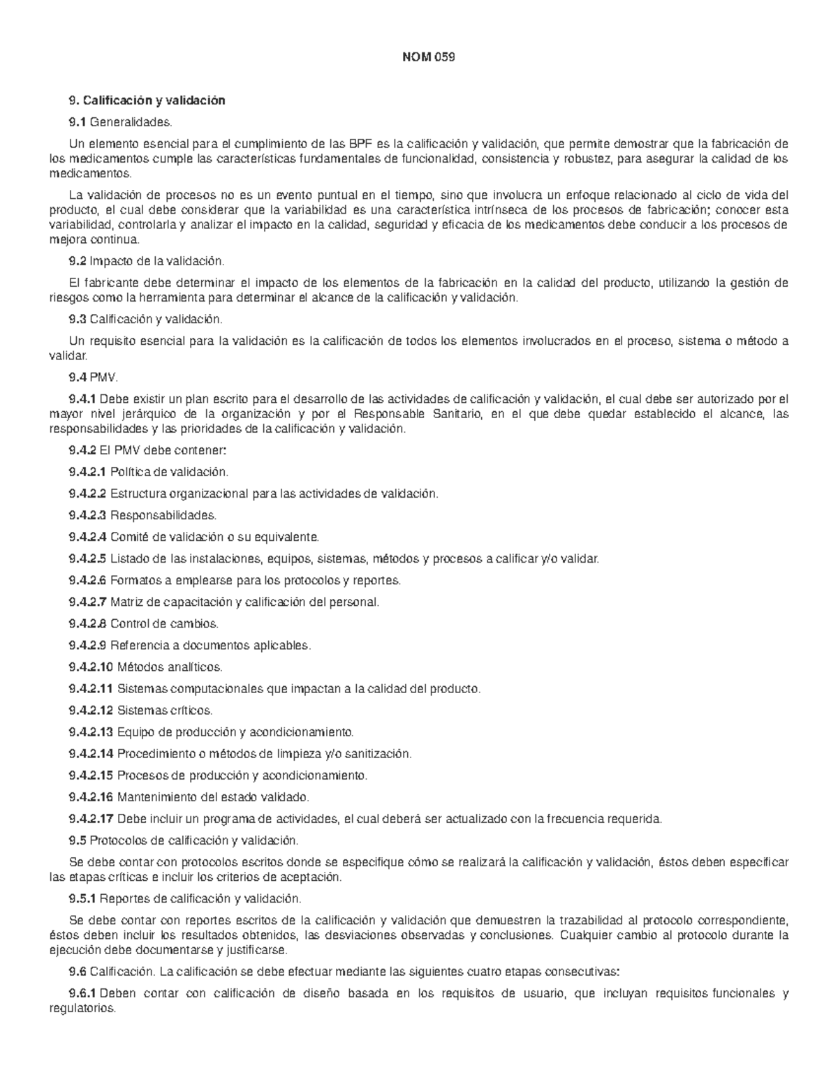 NOM 059 Validaciones - Apuntes FARMACEUTICO - NOM 059 9. Calificación y ...