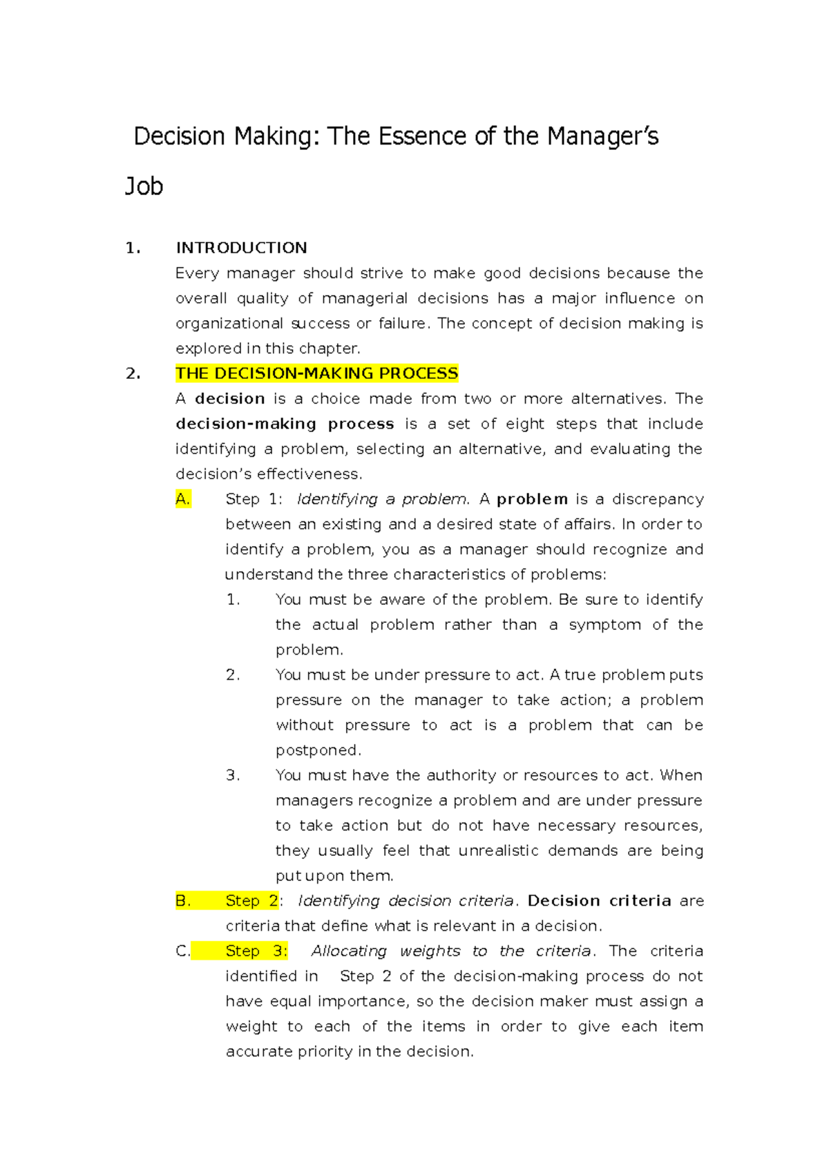 Decision Making The Essence of the Managers Job - INTRODUCTION Every ...
